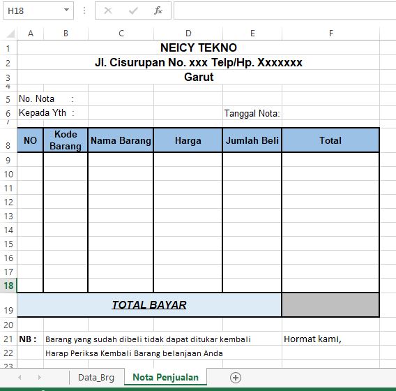 Cara Membuat Nota Penjualan Barang Otomatis di Excel | Contoh Nota ...