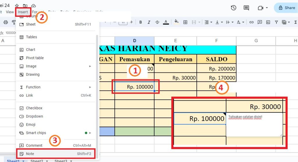 Cara Menggunakan Note di Spreadsheet - NeicyTekno